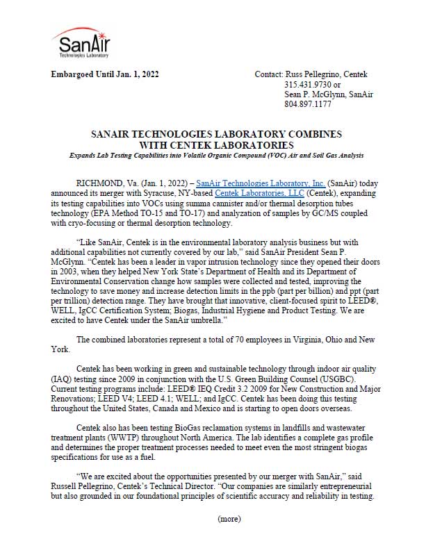 Centek & Sanair Merger - Centek Laboratories - Syracuse NY